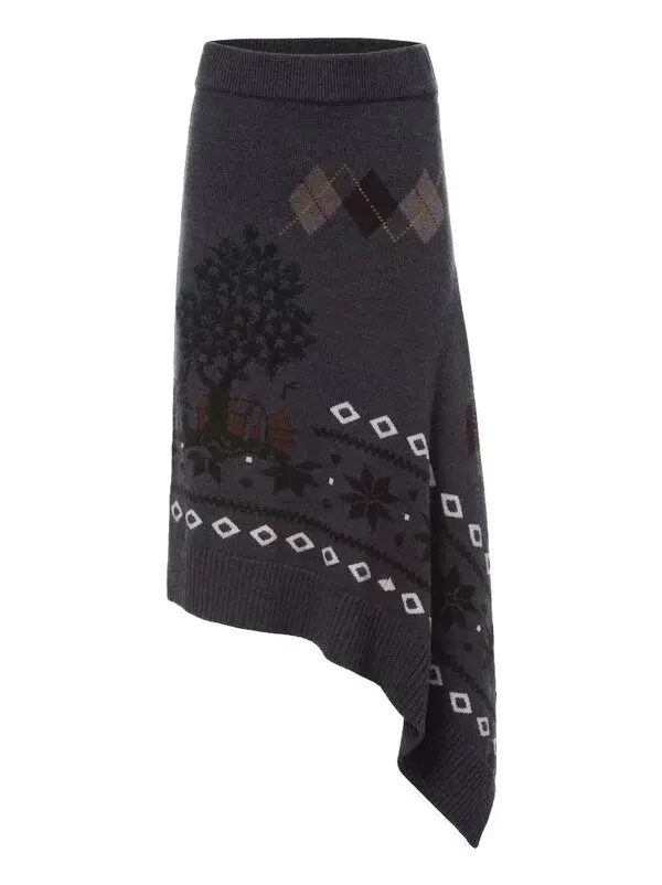 Monse Mixed Fair Isle Asymmetrical Midi Skirt - Grey