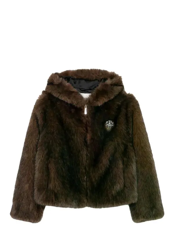 Maje Hooded Faux Fur Coat With Flower Brooch - Brown