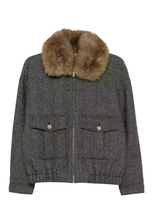 Maje Oversized Herringbone Faux-fur Collar Bomber Jacket - Grey