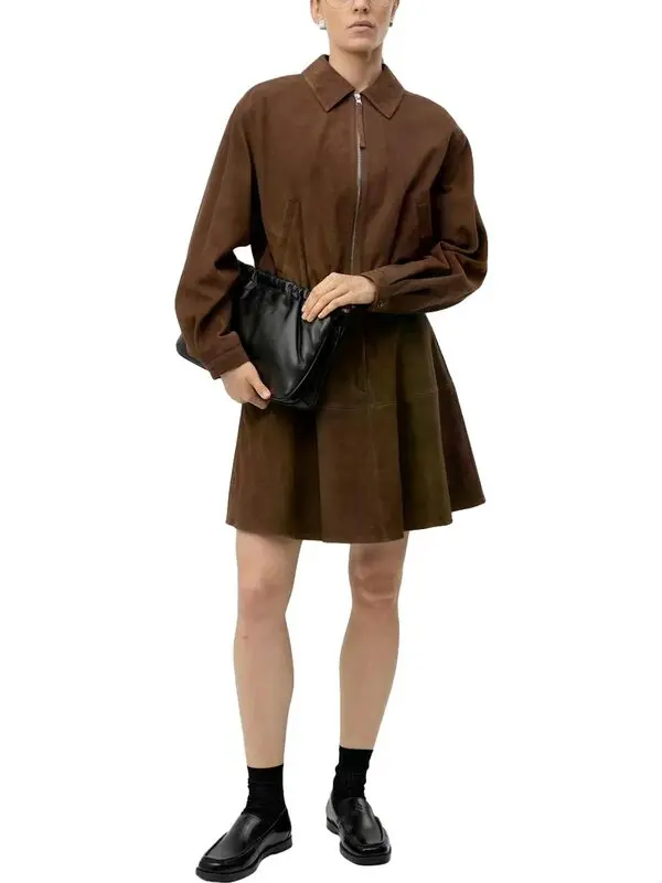 Hugo Suede Jacket With Gathered Hem - Brown