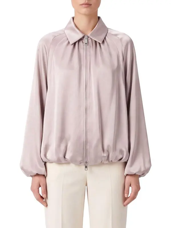 Liviana Conti Cropped Draped Satin Bomber Jacket With Balloon Sleeves - Coffee