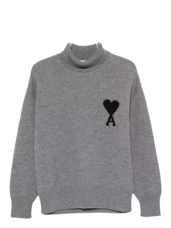 AMI Paris De Coeur Monogram Roll Neck Sweater - Grey