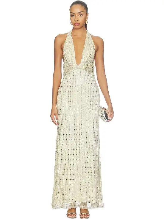 RUNAWAY THE LABEL Embellished Halterneck Maxi Dress - Neutral