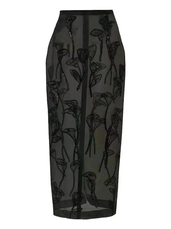 Carolina Herrera Floral-embroidered Organza Midi Skirt - Black