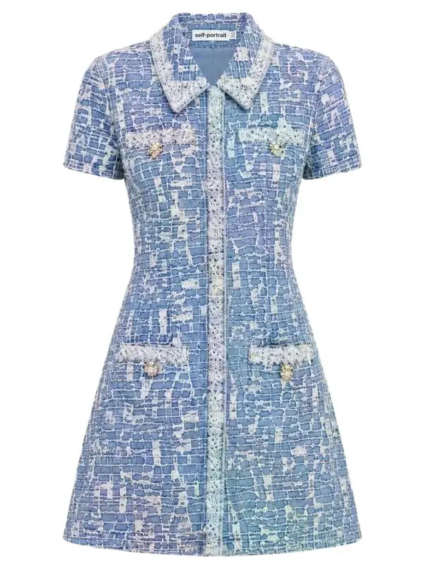 SELF-PORTRAIT Textured Pearl-embellished Mini Dress - Blue
