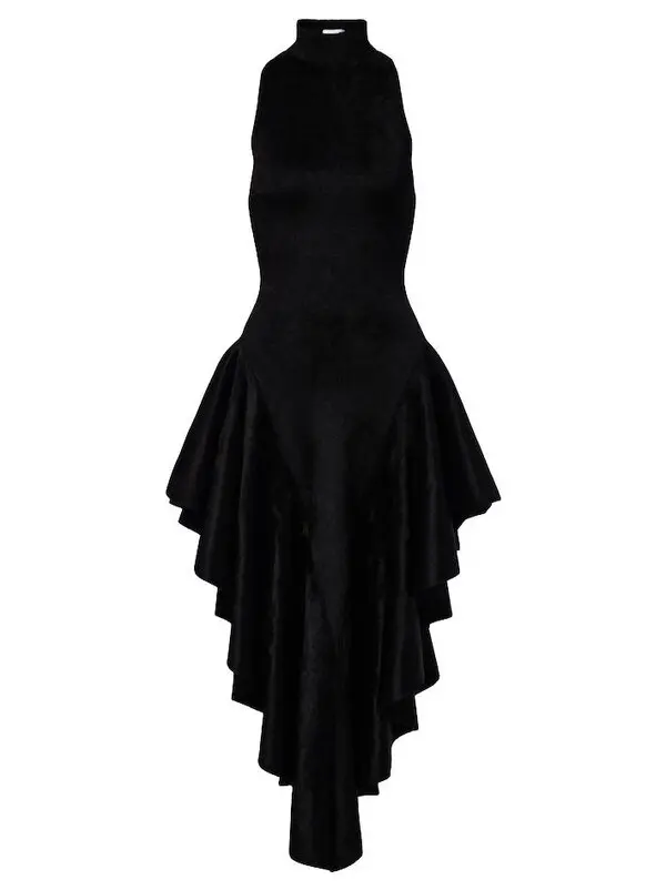 Alaïa Asymmetric Ruffled Velvet Midi Dress - Black
