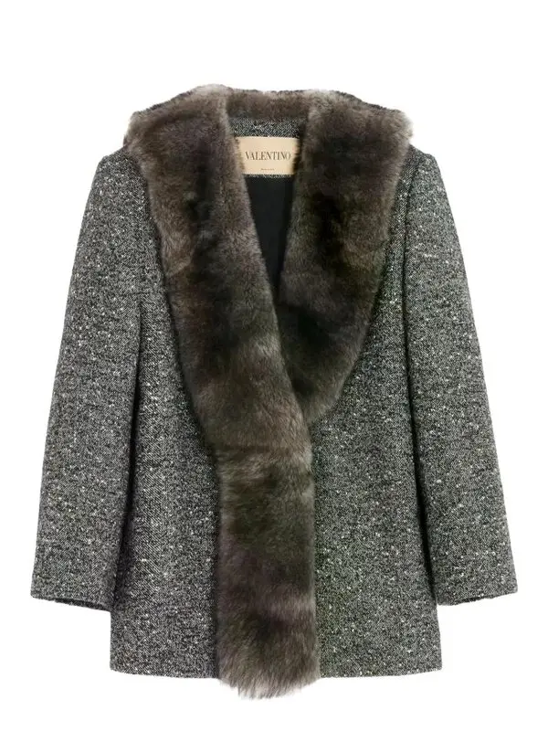 Valentino Garavani Single-breasted Chevron Bouclé Caban With Shearling - Grey