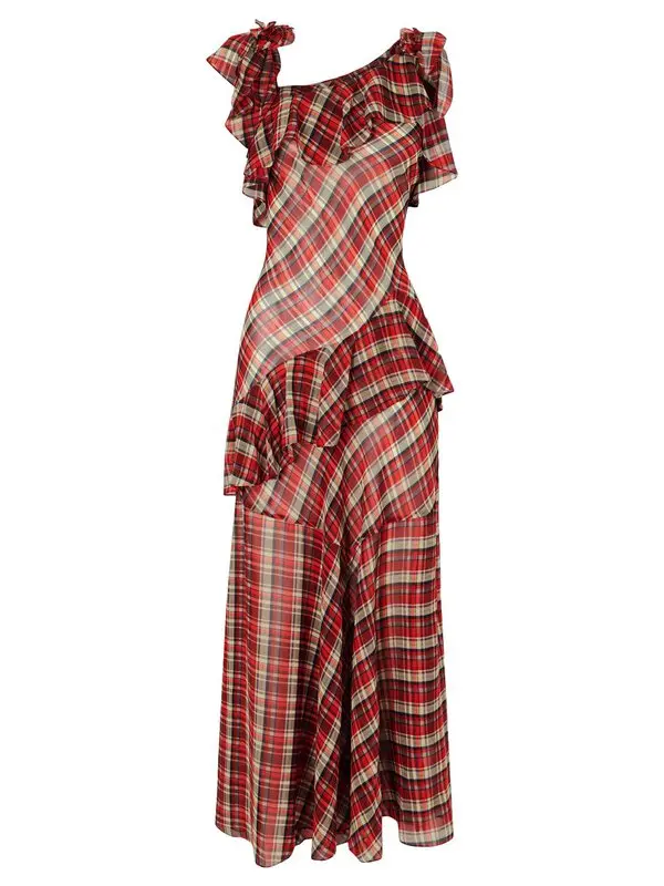 DÔEN Fernanda Ruffle Tiered Checked Silk-satin Maxi Dress - Multi
