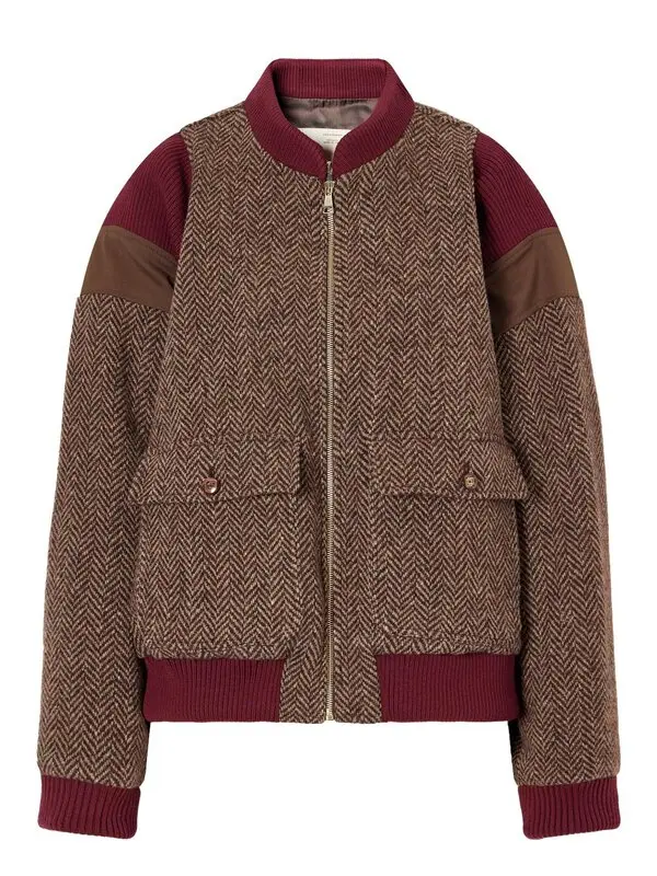Giuliva Heritage The Aurelia Rib-trimmed Padded Herringbone Virgin Wool Jacket - Brown