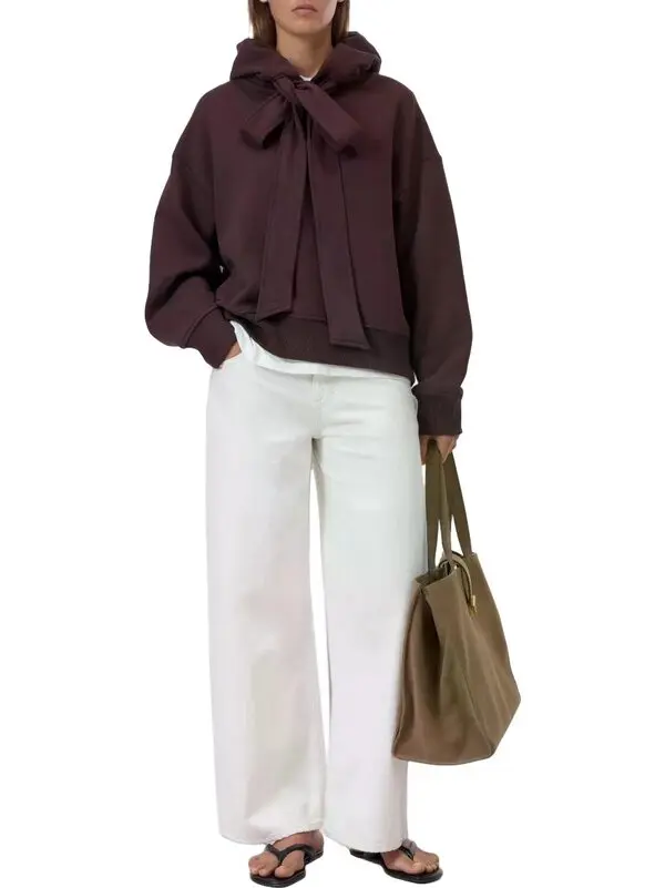Closed Pussy-bow Dropped-shoulder Hoodie - Brown