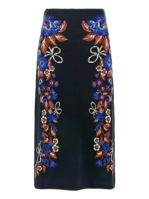 Farm Rio Bow Garden Knit Intarsia Midi Skirt - Black
