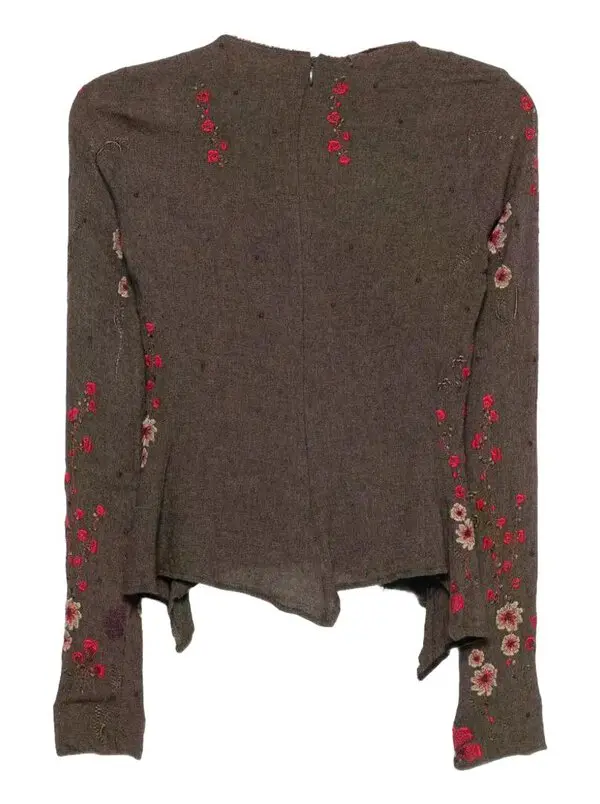 MARC LE BIHAN Floral-embroidered Raw-edge Top - Brown