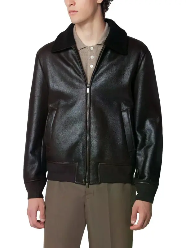 SALVATORE SANTORO Shearling-collar Leather Bomber Jacket - Brown