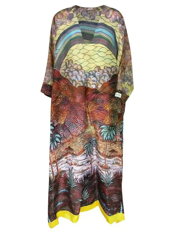 ATELIER VLISCO Rainbow Landscape-print V-neck Kaftan Maxi Dress - Brown