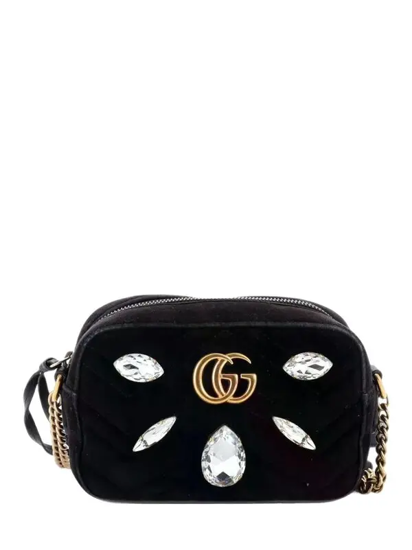 Gucci Gg Marmont Crystal Embellished Matelasse Velvet Mini Shoulder Bag - Black