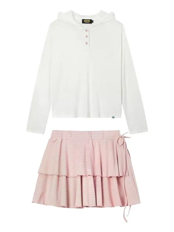 MINI CREAM Drop-shoulder Striped Hoodie And Skirt Set - White