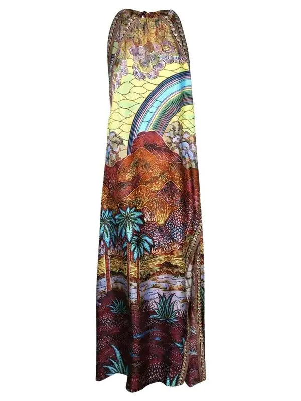 ATELIER VLISCO Rainbow Landscape-print Halterneck Maxi Dress - Brown