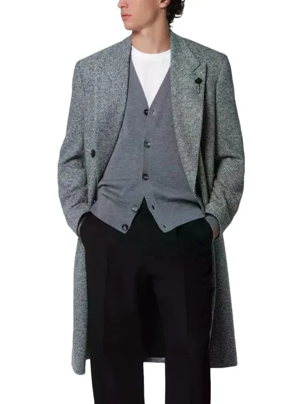 LARDINI Herringbone Double-breasted Coat - Grey
