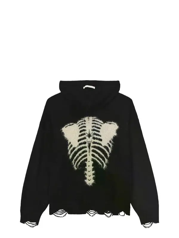 FIVE CM Skeleton-motif Distressed Hoodie - Black