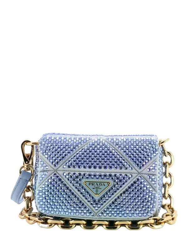 Prada Triangle Chain Flap Bag Crystal Embellished Quilted Satin Shoulder Bag - Blue