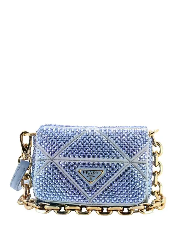 Prada Triangle Chain Flap Bag Crystal Embellished Quilted Satin Shoulder Bag - Blue