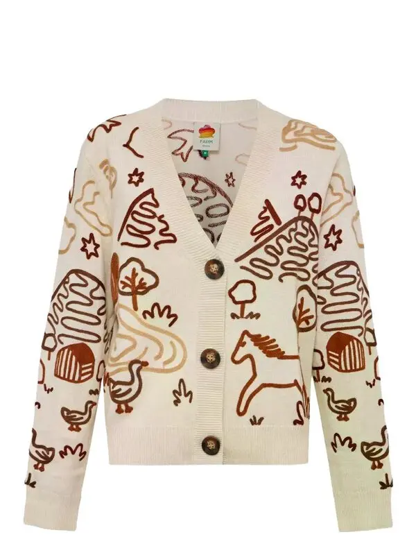 Farm Rio Countryside Cornelli Embroidered Knit Cardigan - Neutrals