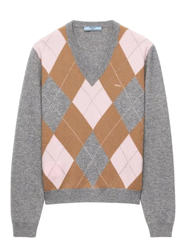 Prada Cashmere Argyle V-neck Sweater - Grey