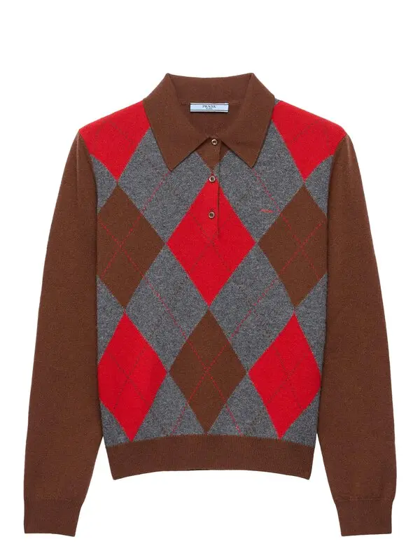 Prada Cashmere Argyle Polo Sweater - Brown