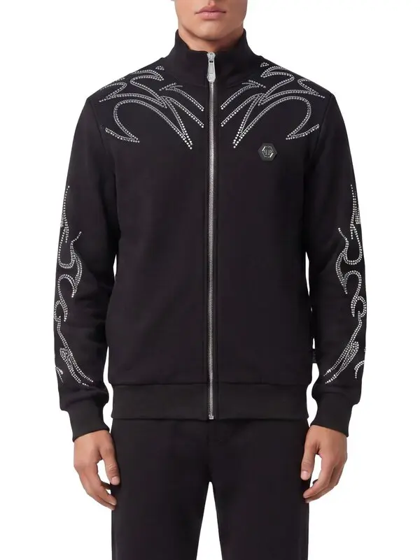 Philipp Plein Cotton Track Jacket Sweatshirt With Zip, Crystals And High Neck - Black