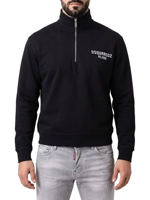 Dsquared2 High Neck Cotton Zip Sweatshirt With Printed Logo - Black