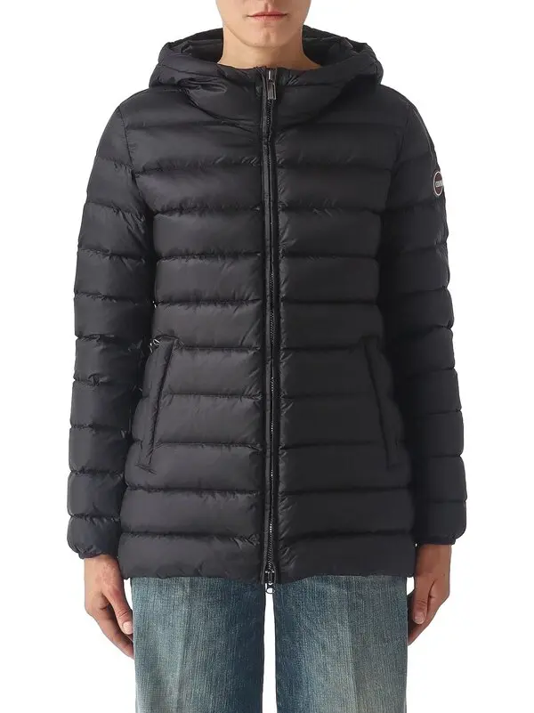 COLMAR Quilted Nylon Long Down Jacket With Hood And Down Filling - Black