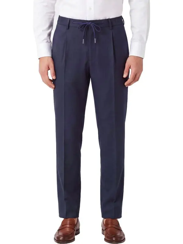 Tagliatore Slim Fit Pleated Trousers In Virgin Wool With Drawstring Waist - Blue