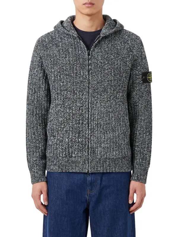 Stone Island Hooded Ribbed Cotton Cardigan With Zip And Logo Patch - Green