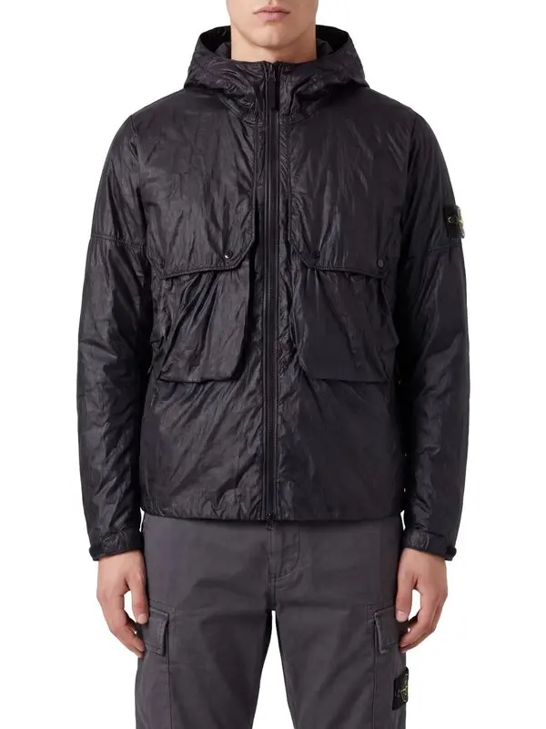 Stone Island Hooded Technical Fabric Windbreaker With Compass Logo Badge - Black