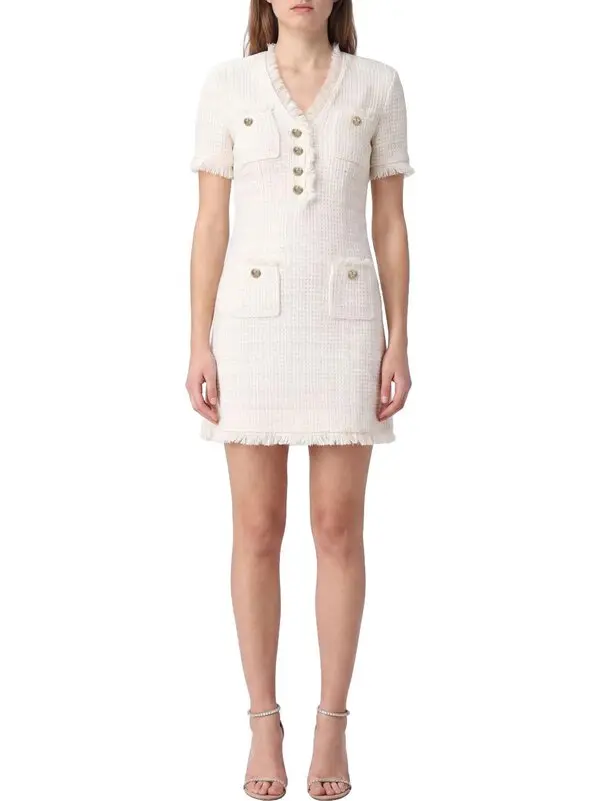 SELF-PORTRAIT Tweed V-neck Sheath Mini Dress With Fringed Hem - Cream