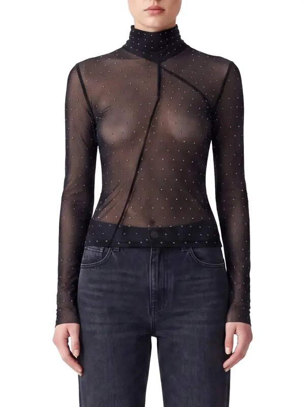 Liu Jo Slim Fit Turtleneck Top In Sheer Fabric With Crystal Embroidery - Black