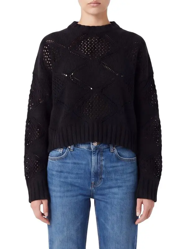 Liu Jo Cropped Open-knit Wool Blend Sweater With Dropped Shoulders - Black