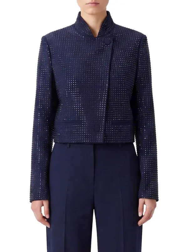 Pinko Single-breasted Short Jacket In Viscose With Crystal Embroidery - Blue