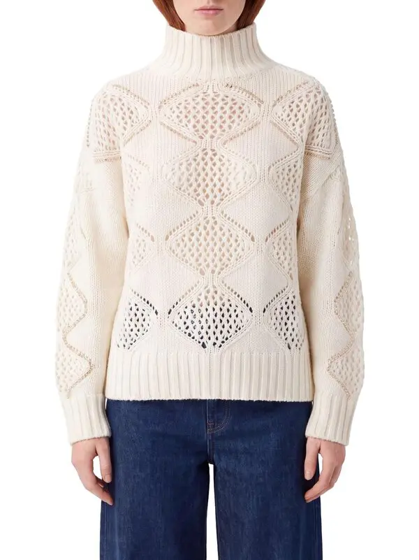 Liu Jo Open-knit Turtleneck Sweater In Wool Blend With Back Logo - White