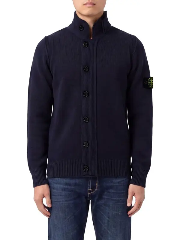 Stone Island Virgin Wool Blend High Neck Cardigan With Logo Patch - Blue