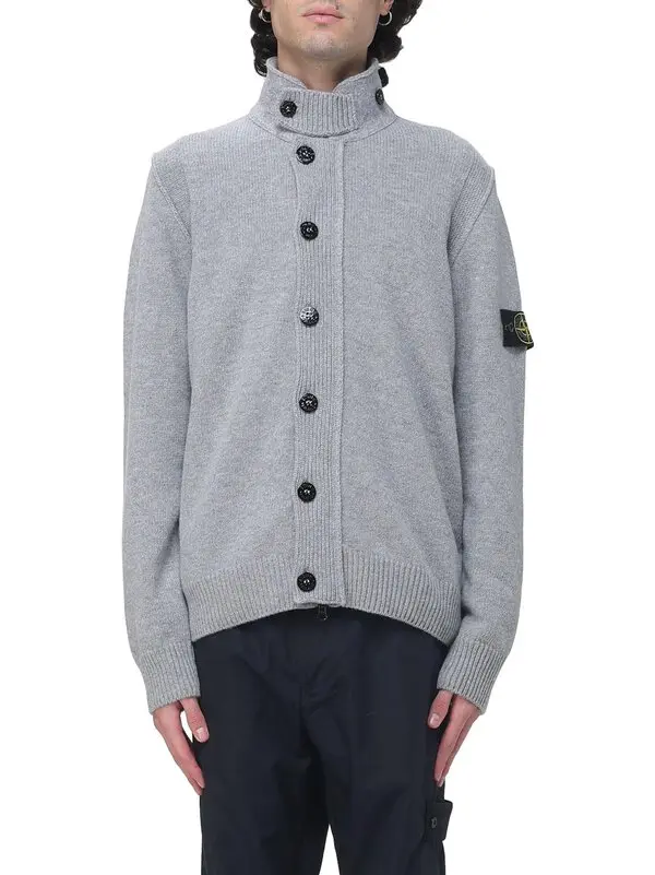 Stone Island Virgin Wool Blend High Neck Cardigan With Logo Patch - Grey