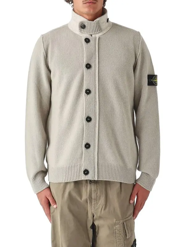 Stone Island Virgin Wool Blend High Neck Cardigan With Logo Patch - Sand
