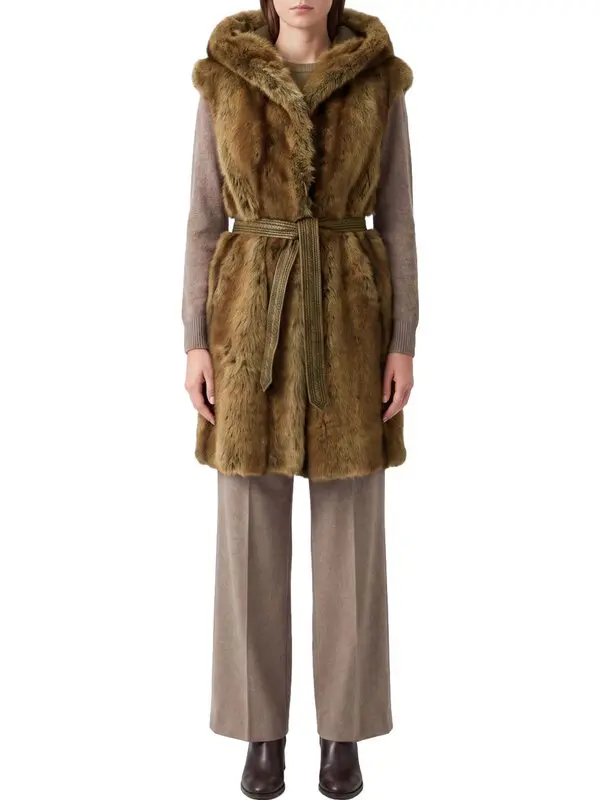 Pinko Galearis Long Faux Fur Vest With Hood And Belt - Beige
