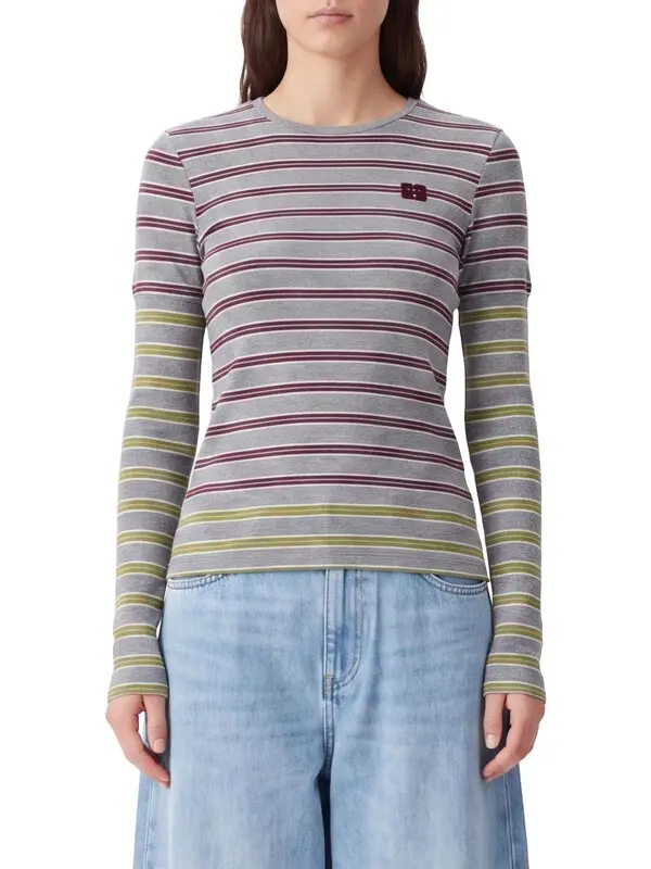 GANNI Striped Slim Fit Long-sleeved T-shirt In Organic Cotton - Grey