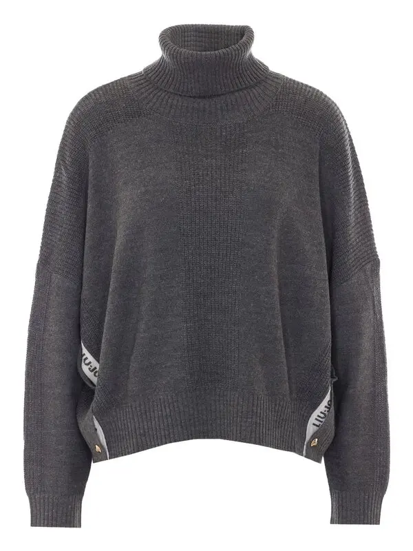 Liu Jo Wool Blend Turtleneck Sweater With Logo Buttons - Grey
