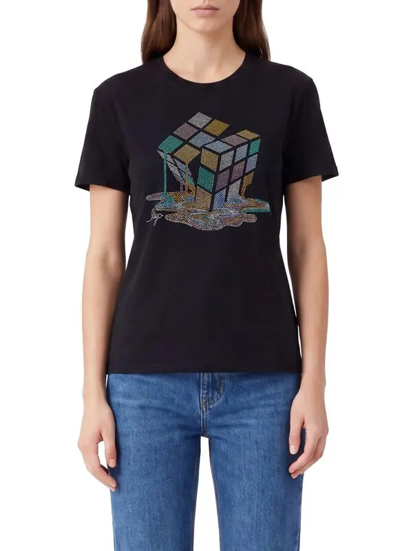 Liu Jo Slim Cotton T-shirt With Embroidery And Rhinestone Applications - Black