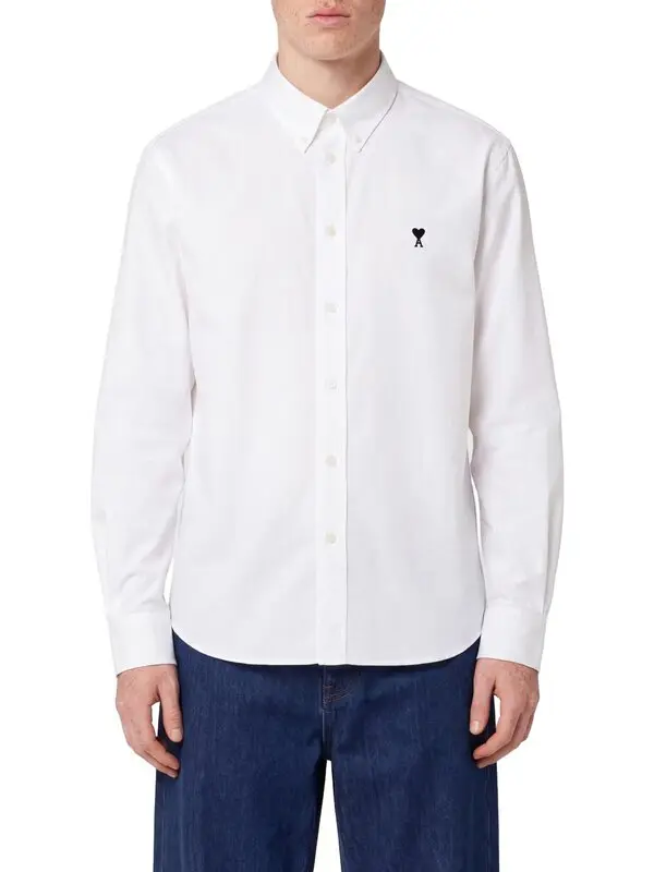 AMI Paris Slim Fit Cotton Shirt With Button-down Collar And Embroidered Logo - White