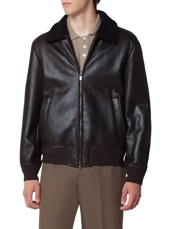 SALVATORE SANTORO Smooth Sheepskin Jacket With Fur Collar - Brown