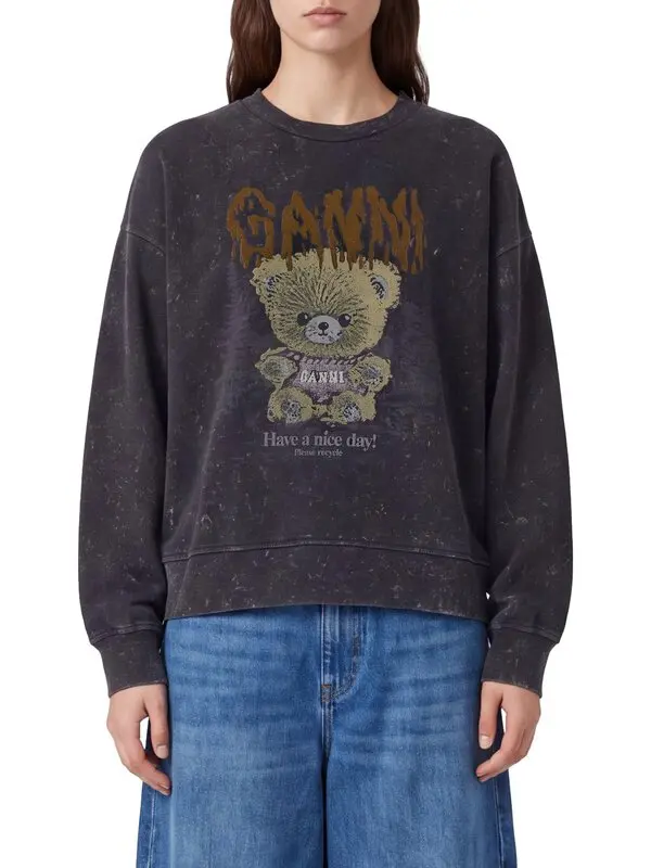 GANNI Teddy Bear Print Organic Cotton Crewneck Sweatshirt With Logo - Grey