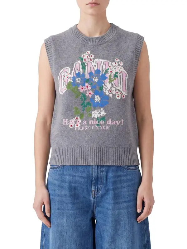 GANNI Floral Pattern Wool Crewneck Knit Vest With Jacquard Logo - Grey